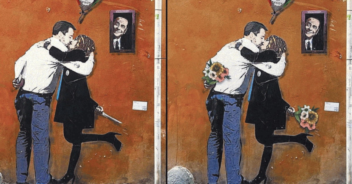 Elezioni 2022, Salvini ritocca il murale con Meloni e dai coltelli ...